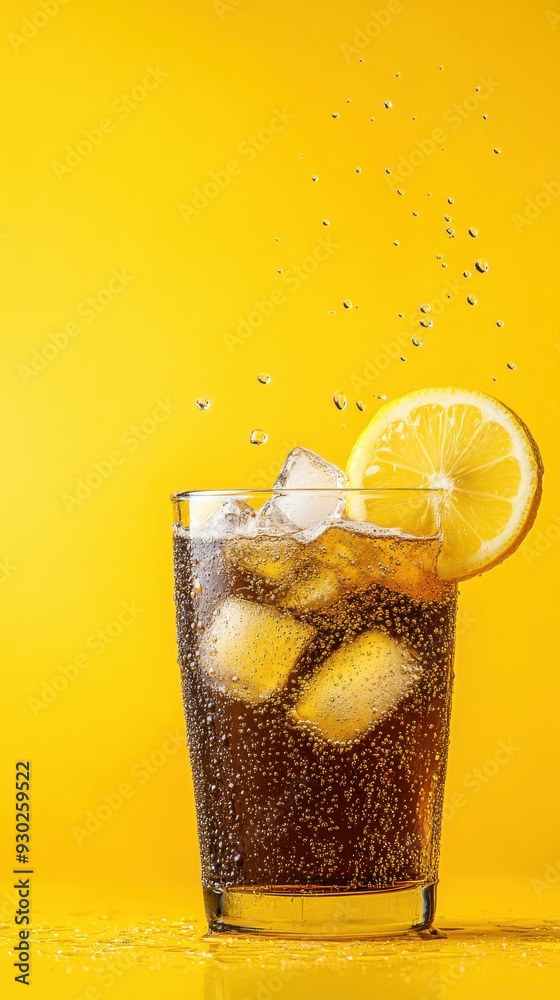 A refreshing soda with ice cubes and a lemon wedge, condensation ...