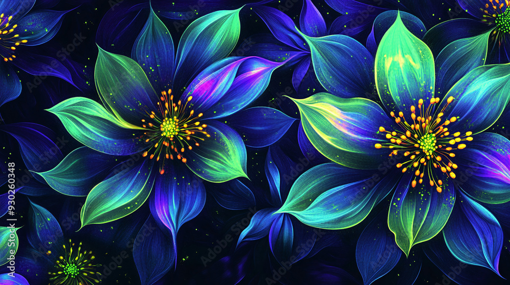 rich floral pattern with hyper-realistic neon green petals and deep ...