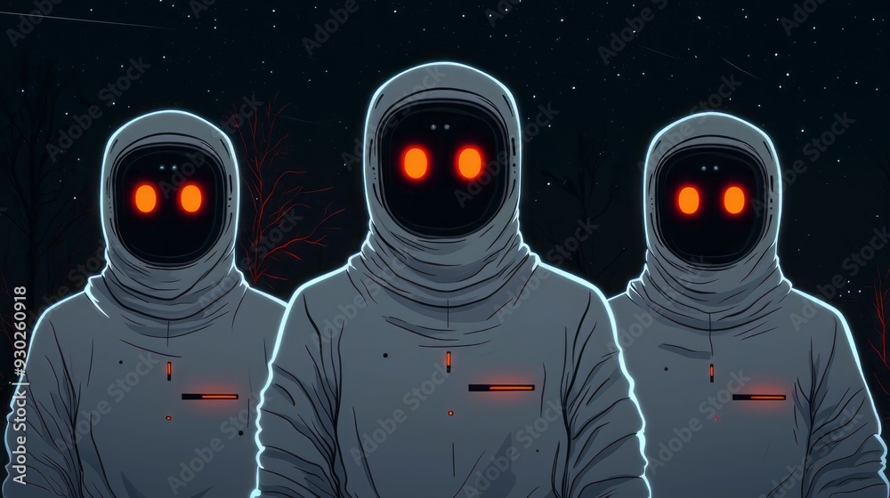 Three mysterious figures in space suits with glowing orange eyes, set ...