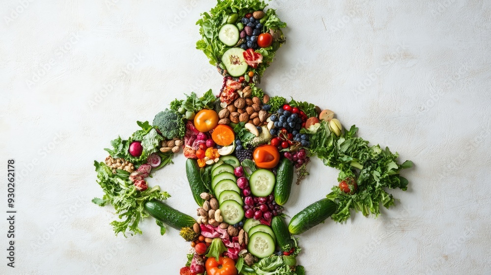 A vibrant human body outline crafted from cucumber, lettuce, tomato ...