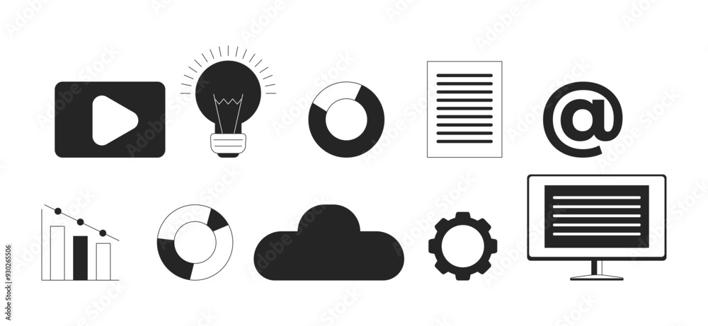 Product management black and white 2D line objects set. Corporate ...