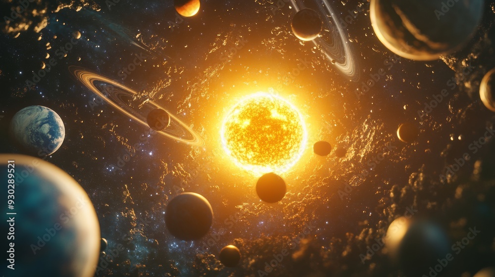 Planets with realistic textures and glowing orbits. The sun radiates ...
