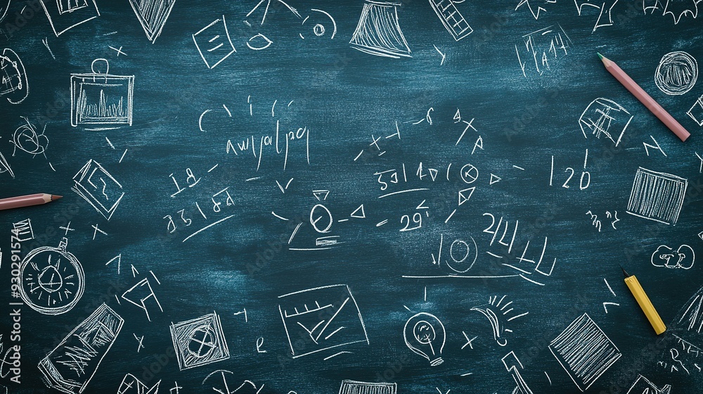 Elegantly Designed Chalkboard with School Symbols and Math Equations ...