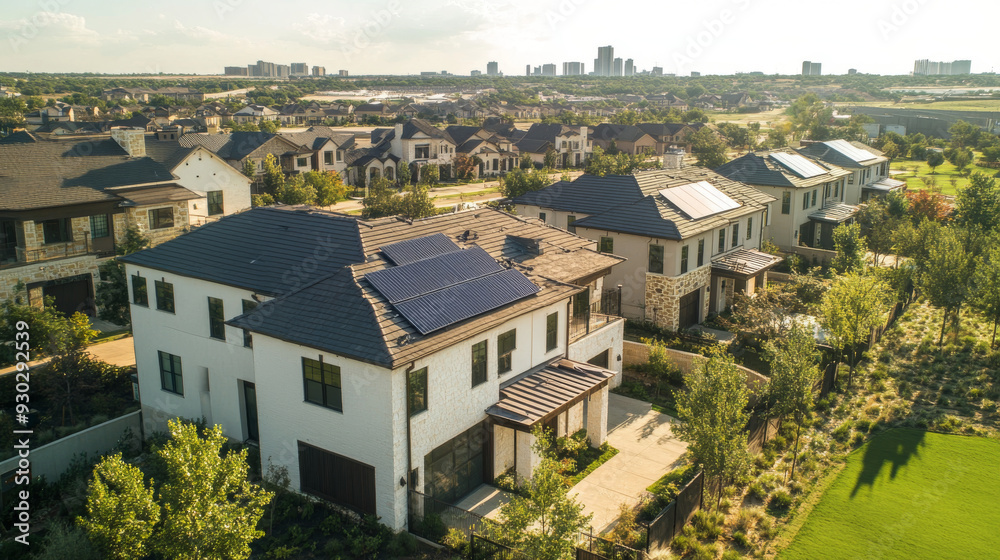 An aerial view of an upscale, new development neighborhood near a ...