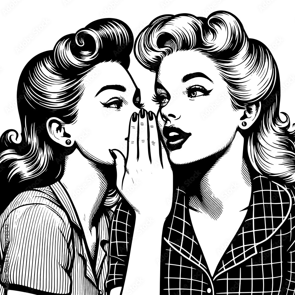 pin-up girls, one whispering a secret into the other ear, with ...