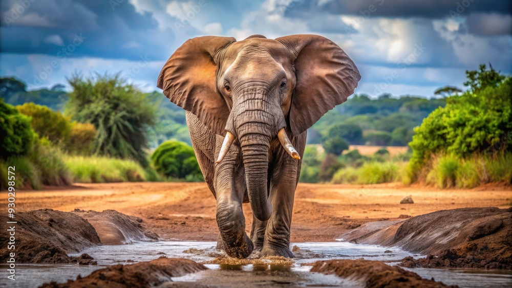 Majestic African elephant emerges from mud wallow, caked in drying mud ...