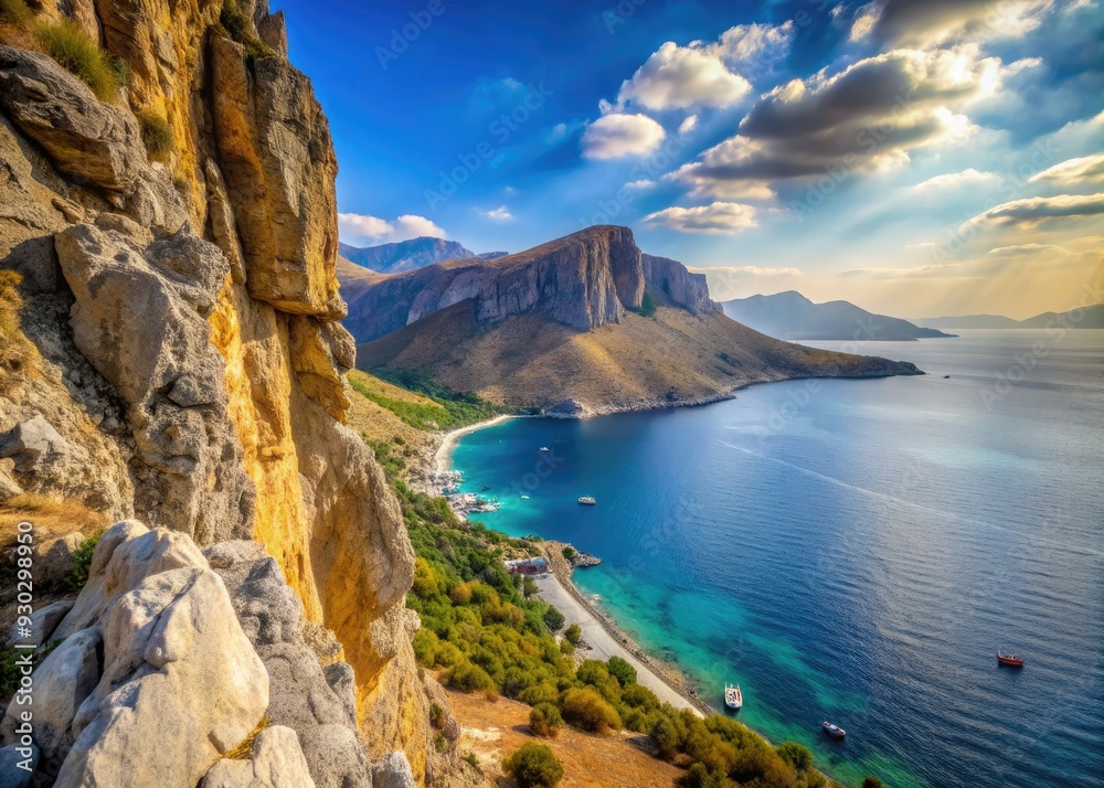 Serrated limestone cliffs meet the Aegean Sea in Kalymnos, Greece ...