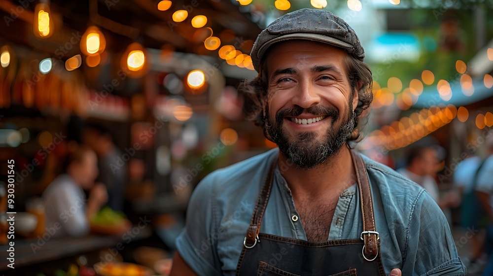 A smiling café owner giving a thumbs up in front of their cozy coffee ...