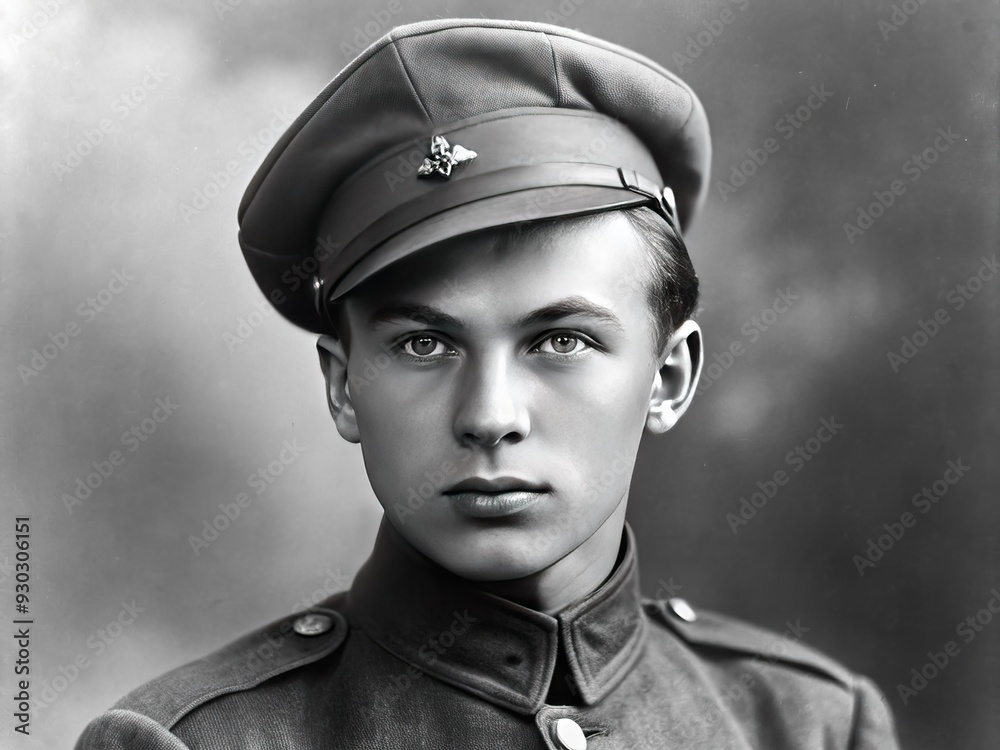 Vintage black and white portrait of a young lieutenant in the Red Army ...