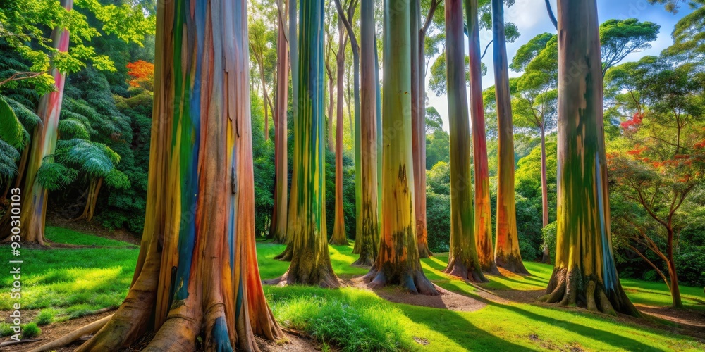 Vibrant multicolored trunks of rainbow eucalyptus trees sway amidst a ...