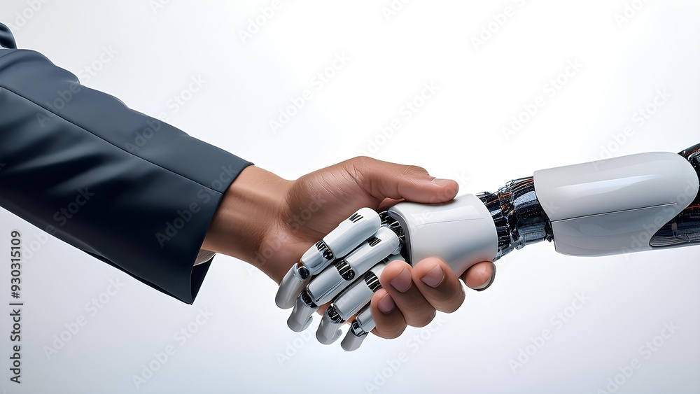 Two hands - a symbol of technical progress. Human hand shakes robot's ...