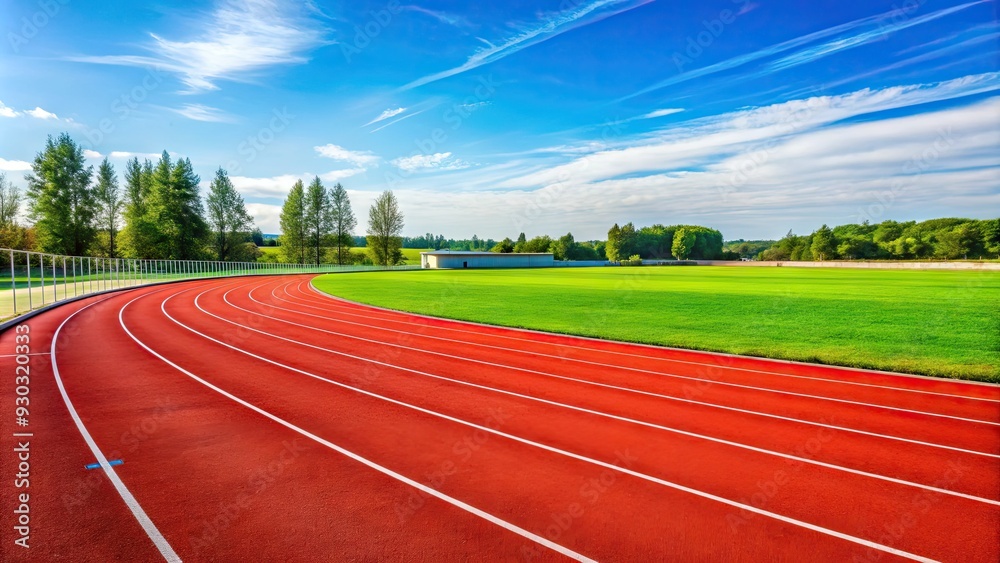 Vibrant red athletics track runway with white lane markings and ...