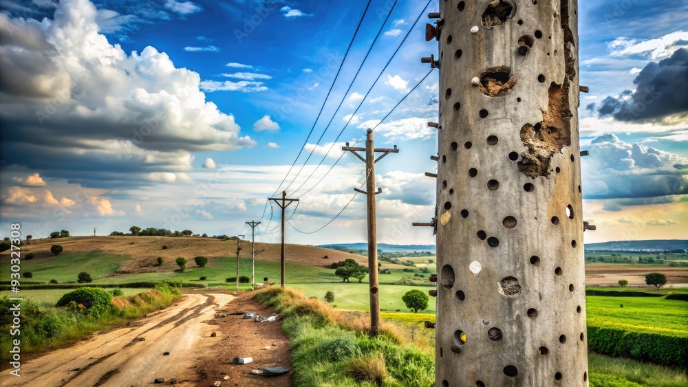 War-torn countryside landscape with a damaged electric pole riddled ...