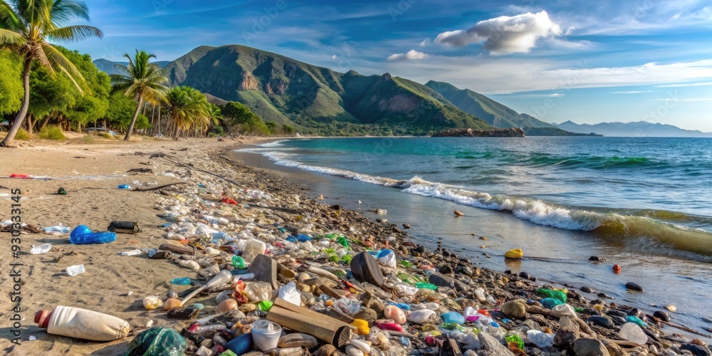 Foto de Littered beach in tropical Dili, Timor-Leste, overwhelmed by ...