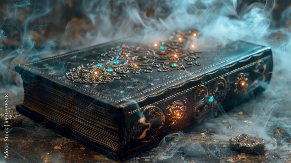 Mystical book with ornate cover illuminated by glowing gems in a foggy ...