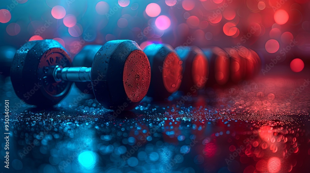 Closeup of gym dumbbells on the floor, bokeh red and blue fitness ...