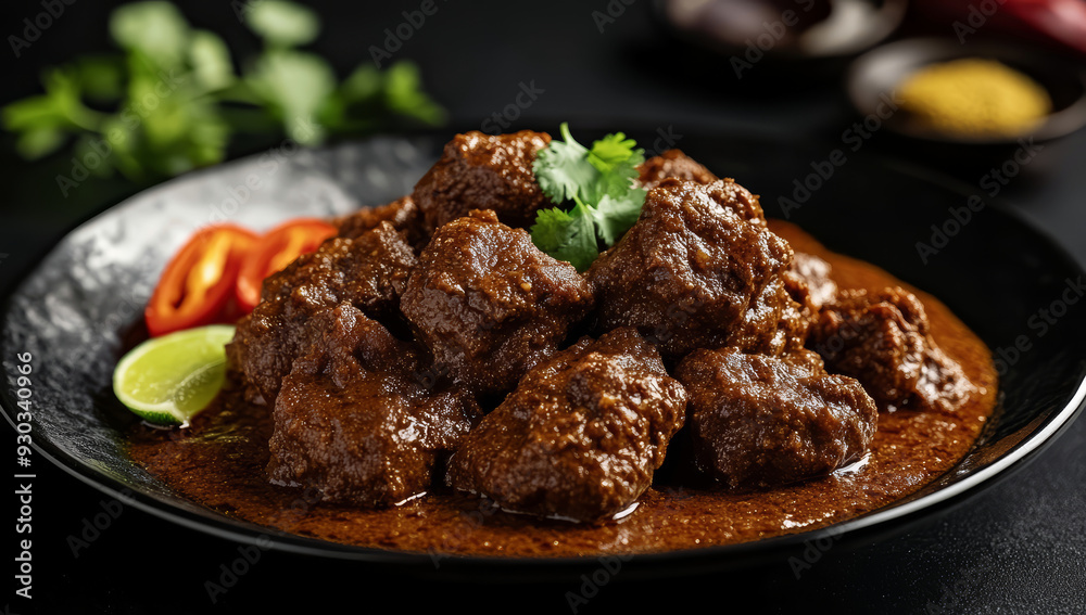 Indonesian traditional beef rendang on dark background. Indonesian ...