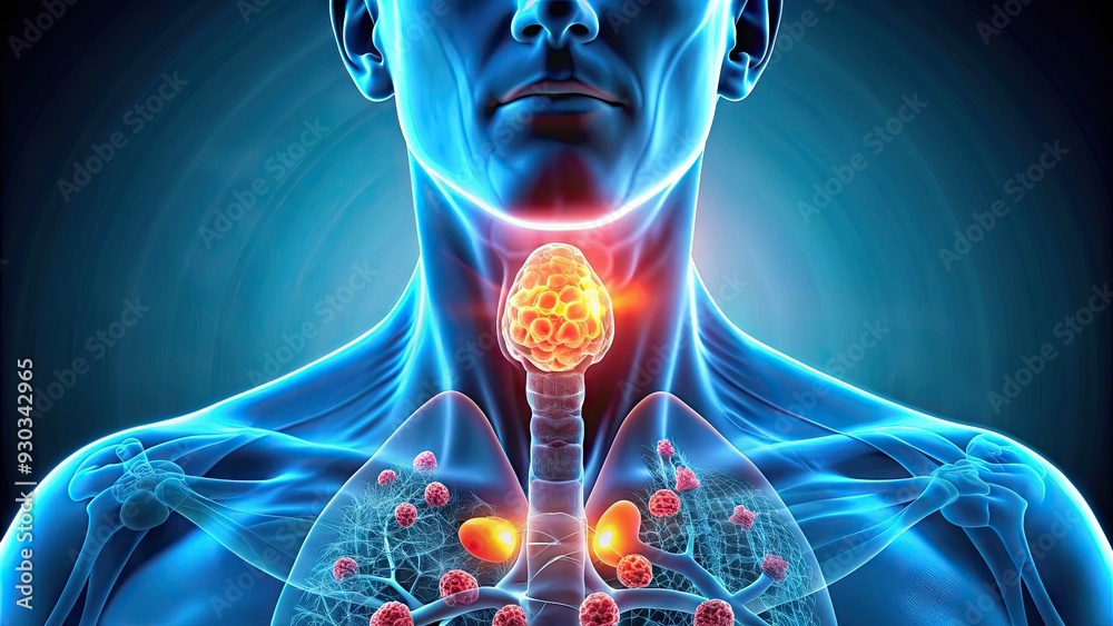 A 3D illustration of the thyroid gland with TSH molecules stimulating ...