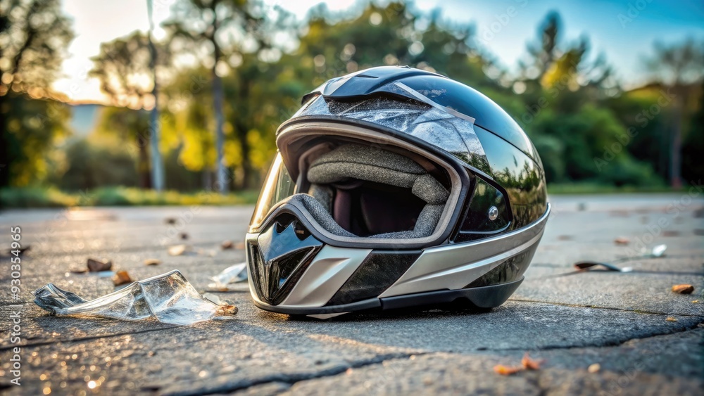 A damaged and cracked motorcycle helmet lies on the ground, its ...