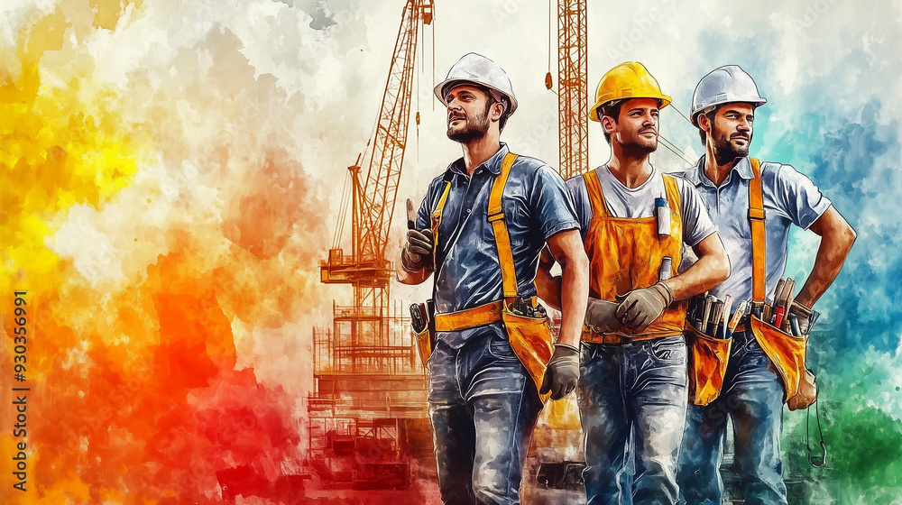 Group of construction workers wearing safety helmets and work uniforms ...