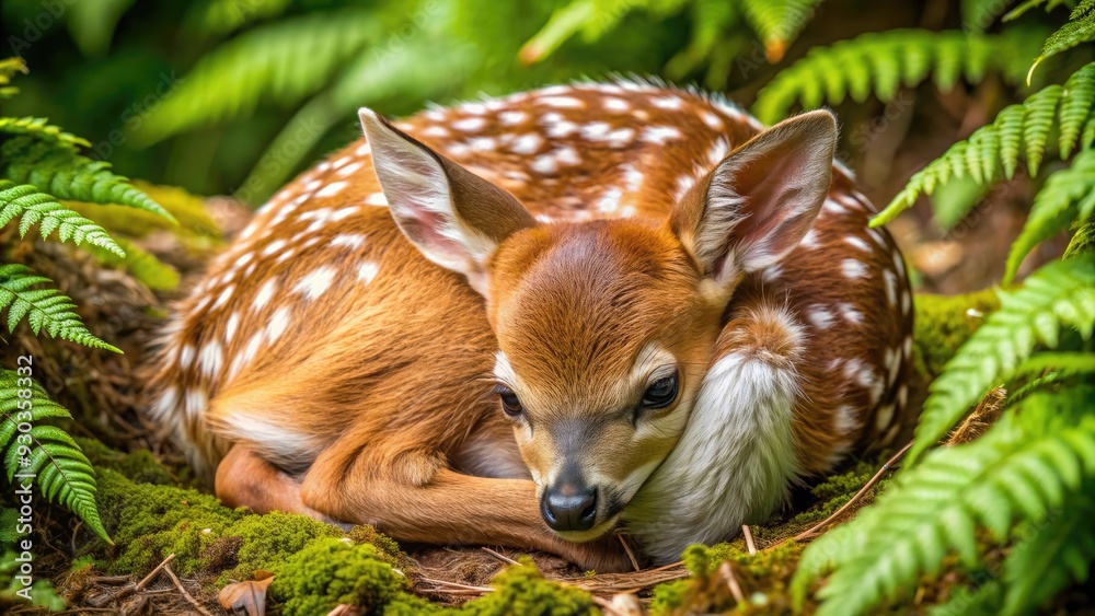 Adorable fawn curls up in a ball, showcasing its soft, reddish-brown ...