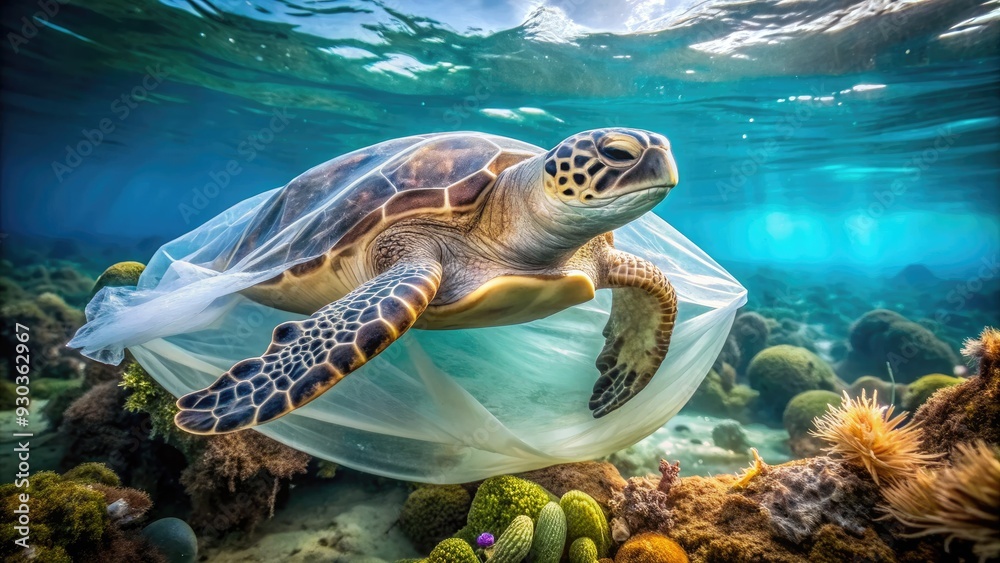 A exhausted sea turtle trapped in a plastic bag, highlighting the ...