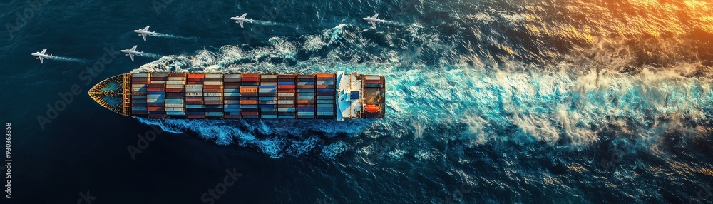 Cargo ship sailing in the ocean with a fleet of airplanes flying ...