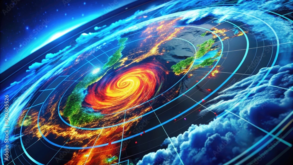 A futuristic radar screen displays a swirling storm system, with ...