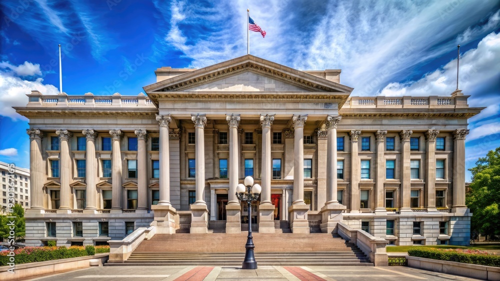 A grand, stately government office building with a neoclassical facade ...