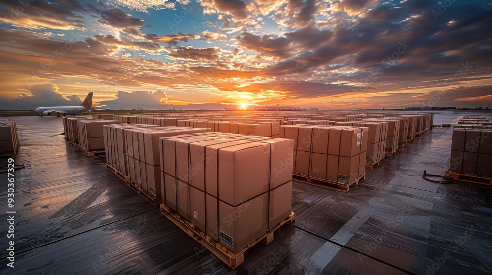 Stacks of cargo pallets are arranged on an airport runway, illuminated ...