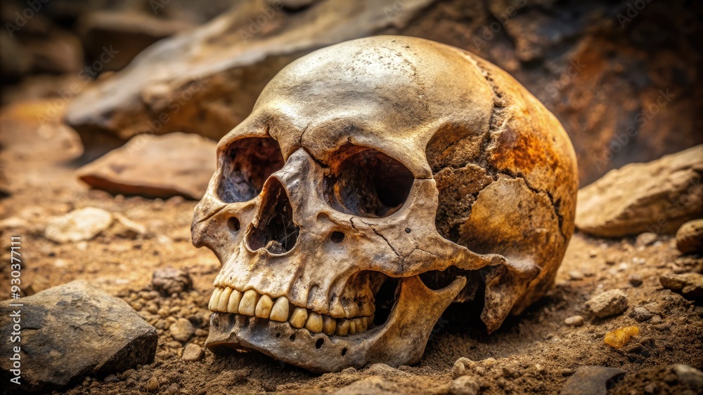 Ancient human fossilized skull fragment, excavated from earth, displays ...