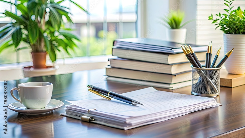 A neatly organized desk with a stack of paper checks, a pen, and a ...