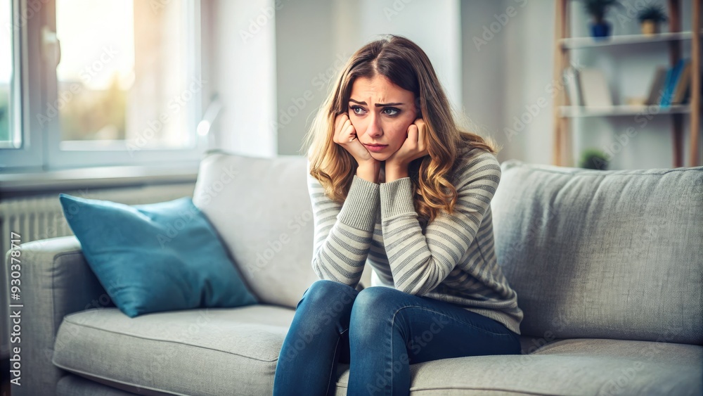 Anxious woman sits alone on a couch, overwhelmed by her thoughts, with ...