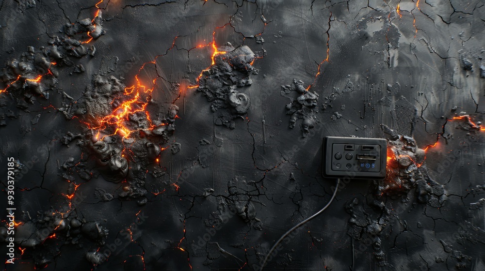 Fire burnt wall electricity plug with black cable. Electrical power ...