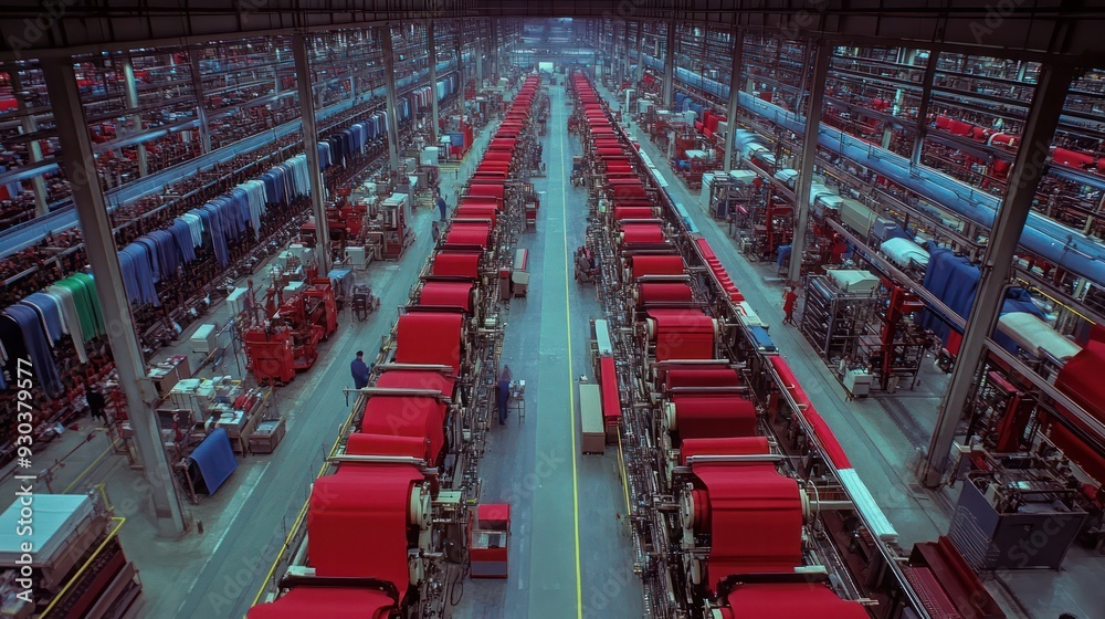 Aerial view of a textile factory with rows of machinery, highlighting ...