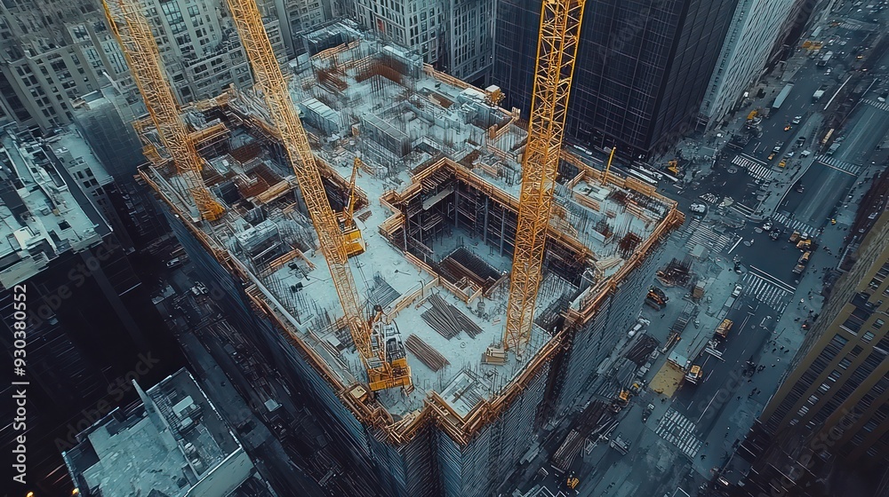 Aerial view of multiple cranes operating on a high-rise construction ...