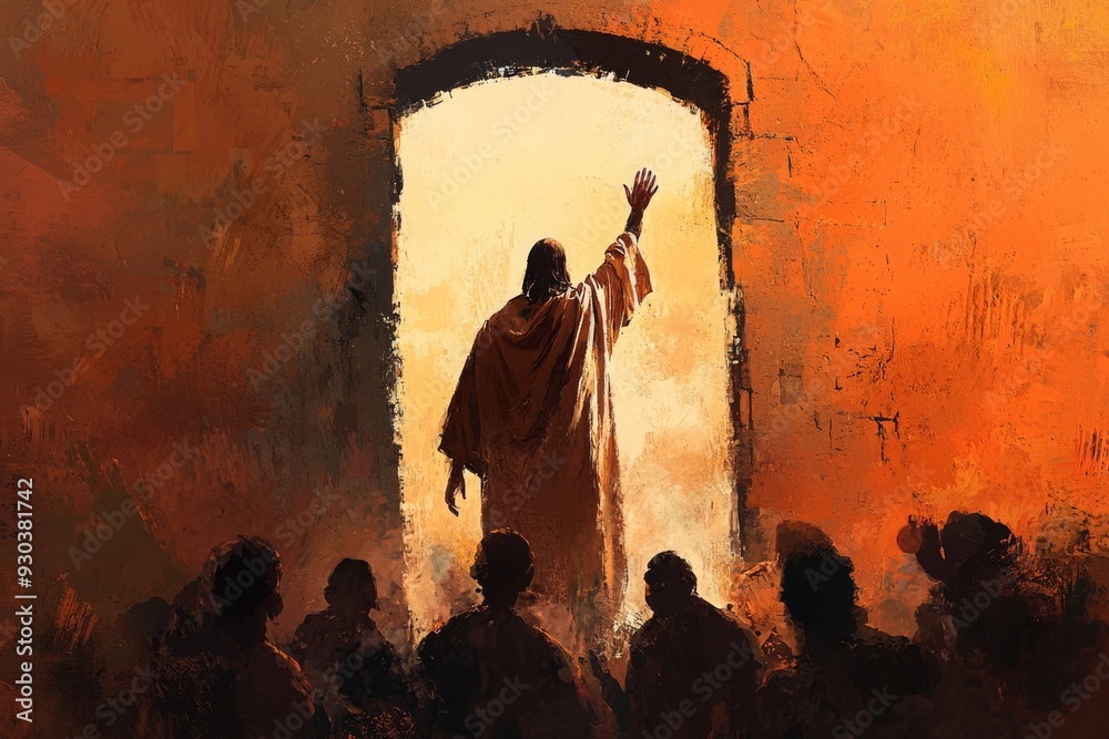 Jesus welcoming people at the gates of heaven, watercolor style with ...