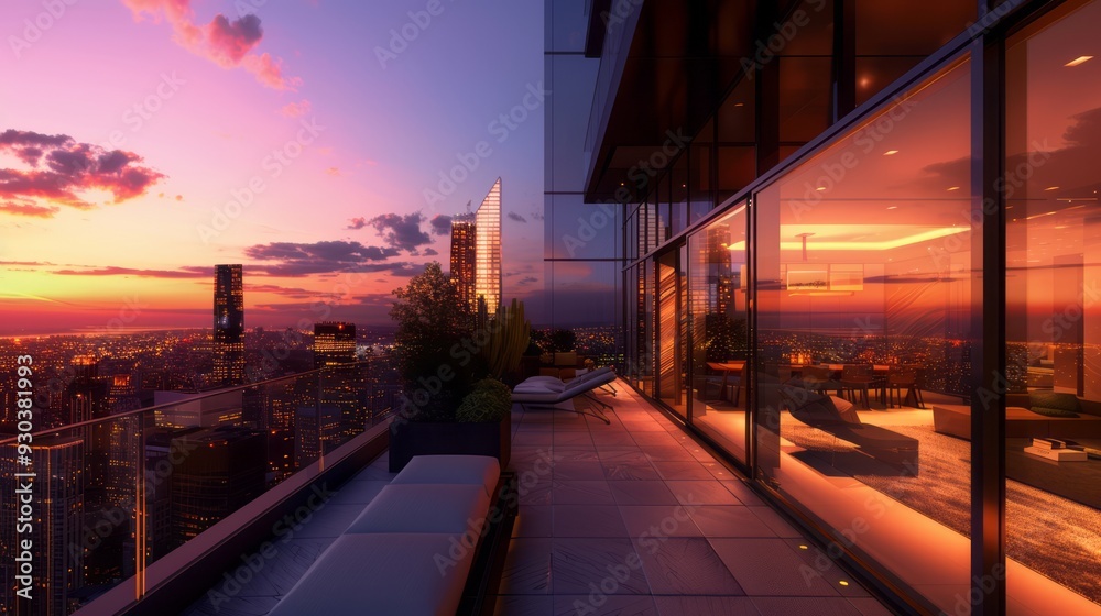 Beautiful sunset view from the terrace of an expensive apartment ...