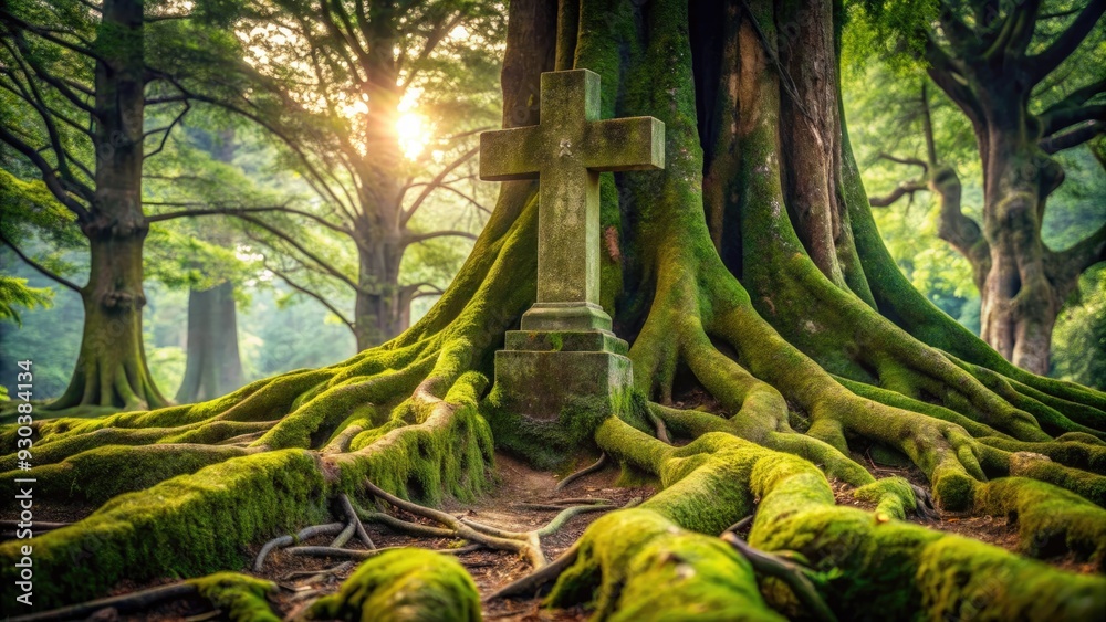 A serene, moss-covered stone cross stands tall amidst twisted, ancient ...
