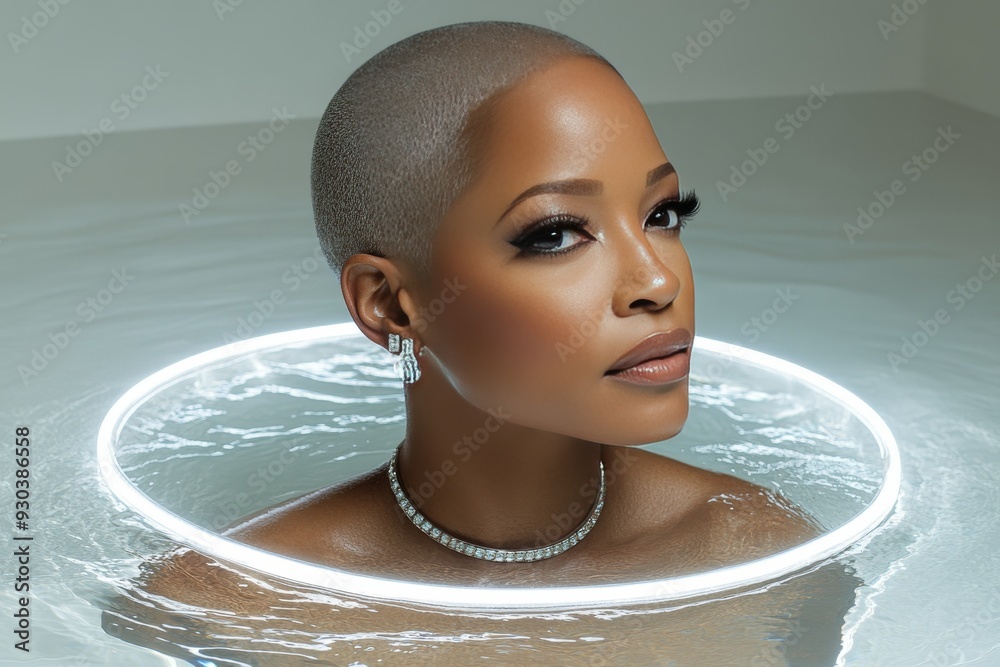 Bald woman with glowing circular light around her neck immersed in ...
