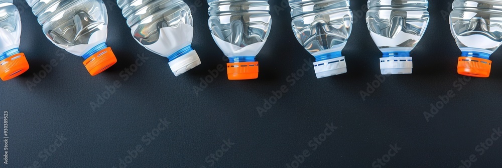 A row of empty plastic water bottles with orange caps on a dark ...