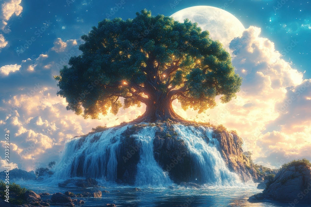 Fantasy magical giant tree on a floating island, water flowing ...