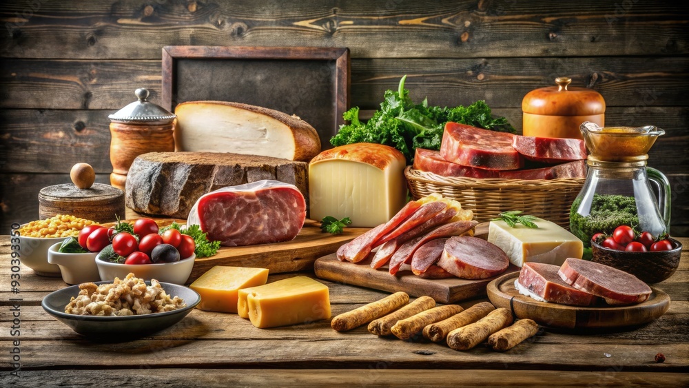 Assorted meats and cheeses displayed on a rustic wooden counter in ...
