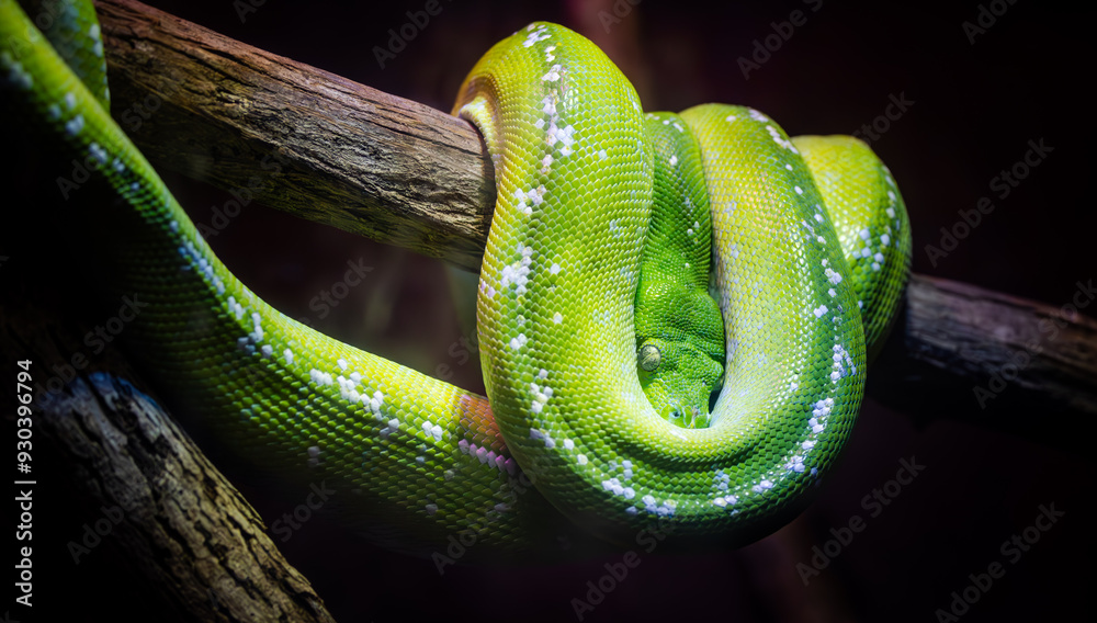 Beautiful Green-tree Python, coiled around a tree branch, native to ...