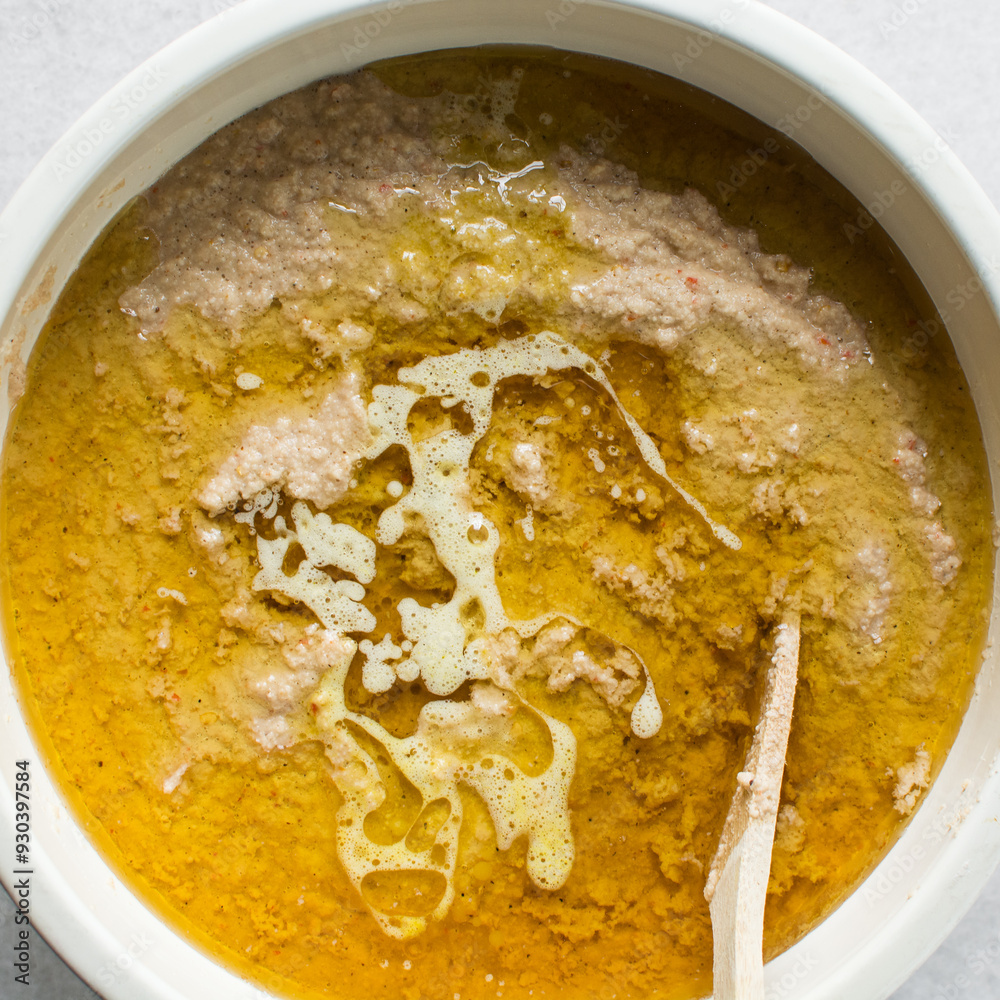 Overhead of moi moi mixture in a white ceramic bowl, top view of ...