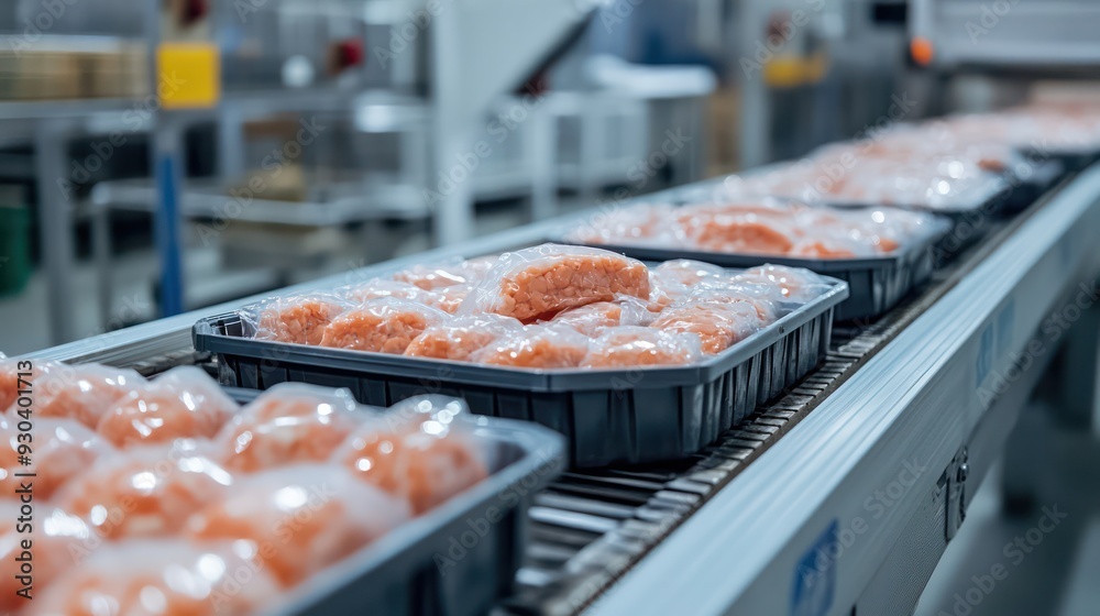 Conveyor elt in a frozen food processing plant, transporting products ...