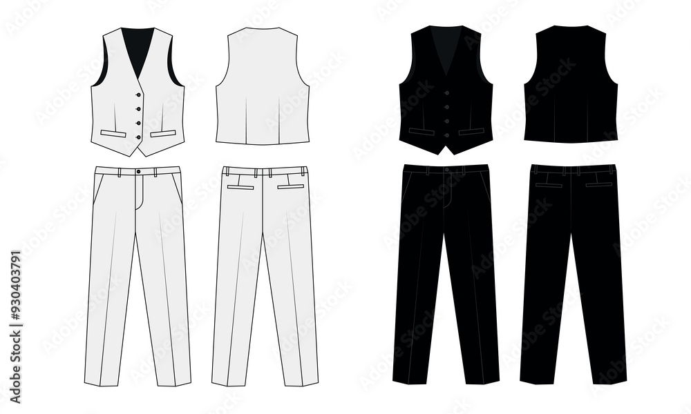Technical drawing of men's suit white and black colors, vector. Sketch ...
