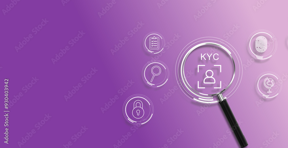 Magnifying glass focusing on Know Your Customer (KYC) compliance and ...