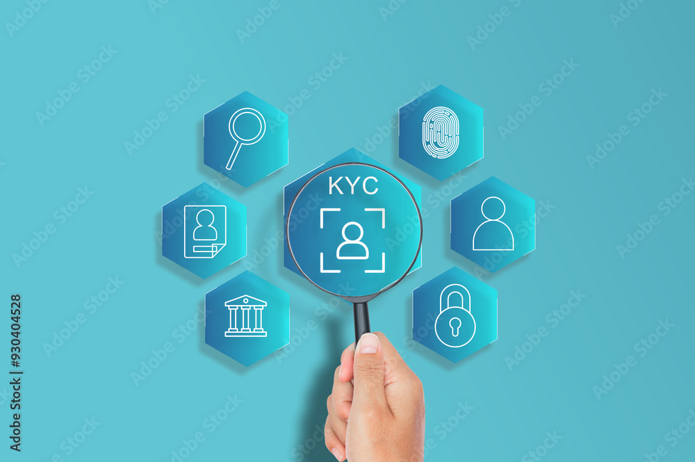 Magnifying glass focusing on Know Your Customer (KYC) compliance and ...