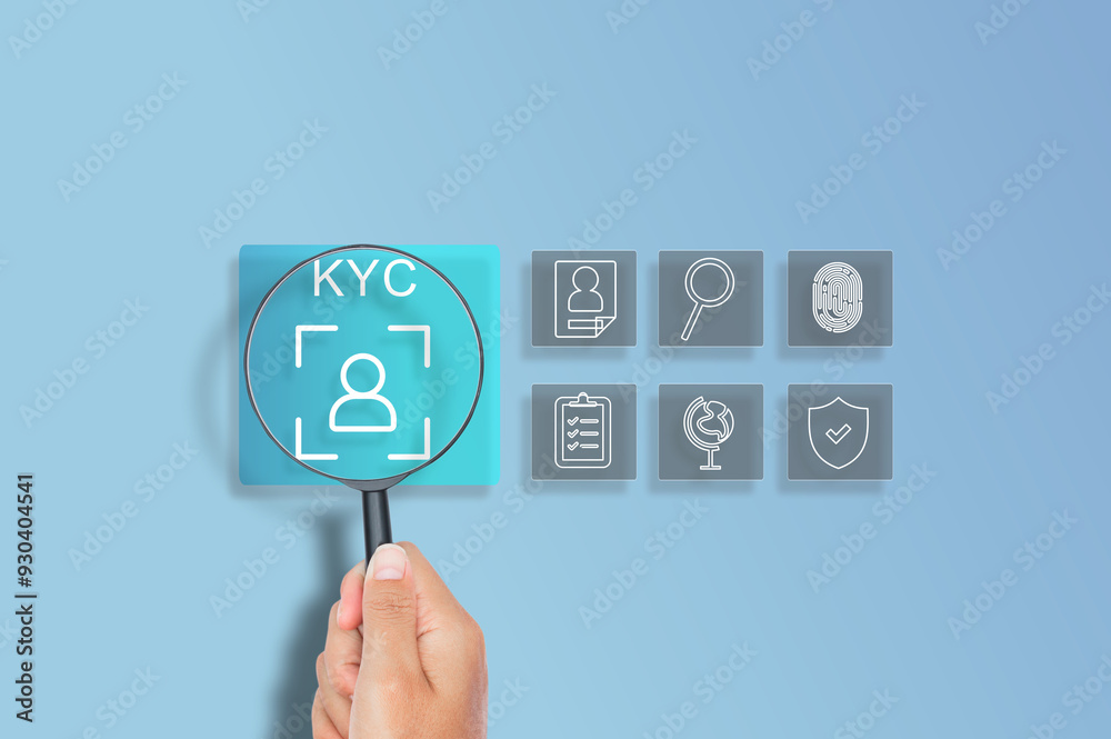 Magnifying glass focusing on Know Your Customer (KYC) compliance and security interface on ...